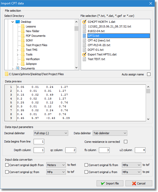 Overview > Importing CPTU data